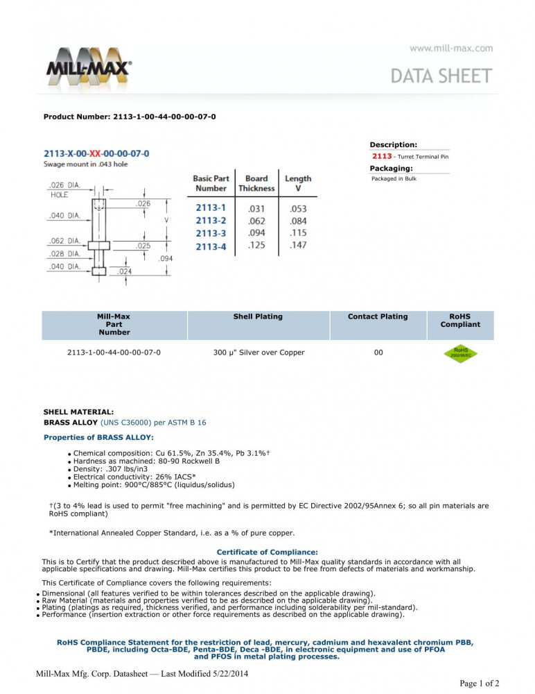 Mill-Max 2113-1-00-44-00-00-07-0 technical document page 1
