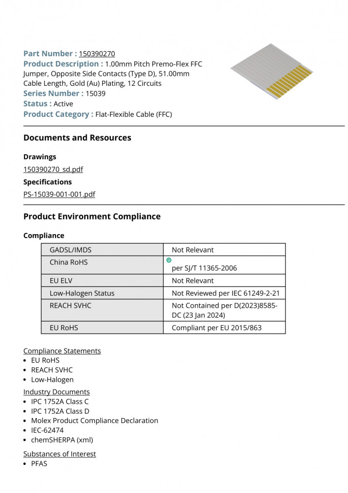 Molex FFC family specification page 1
