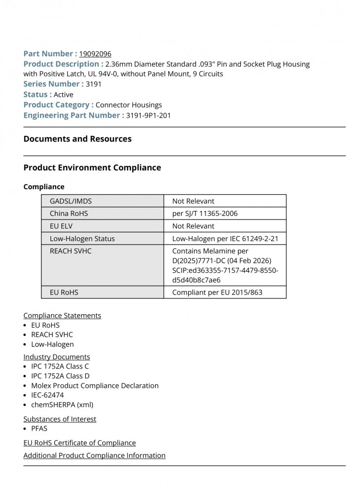 Product document image 1 for MOLEX 19092096