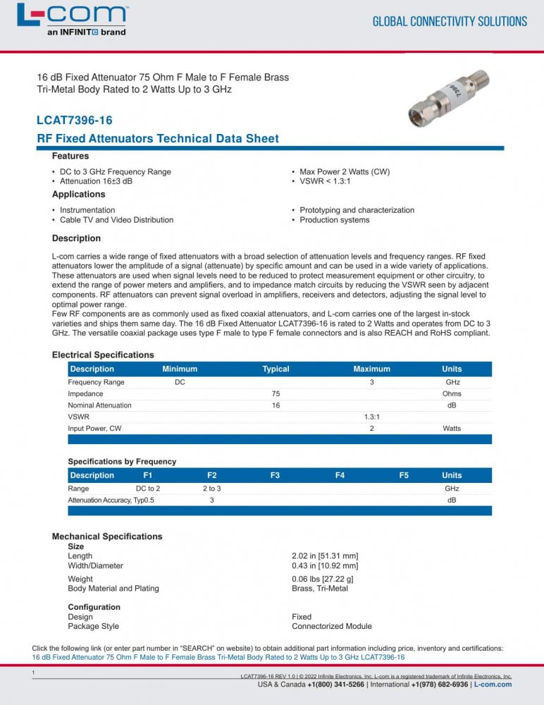 LCAT7396-16 product and RF fixed attenuator specifications