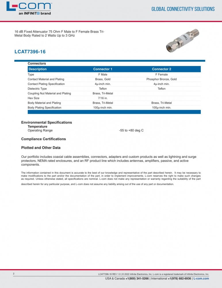 LCAT7396-16 connector and environmental specifications