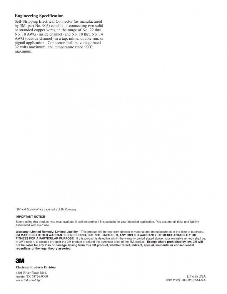 3M Scotchlok 905-BOX technical datasheet page 2