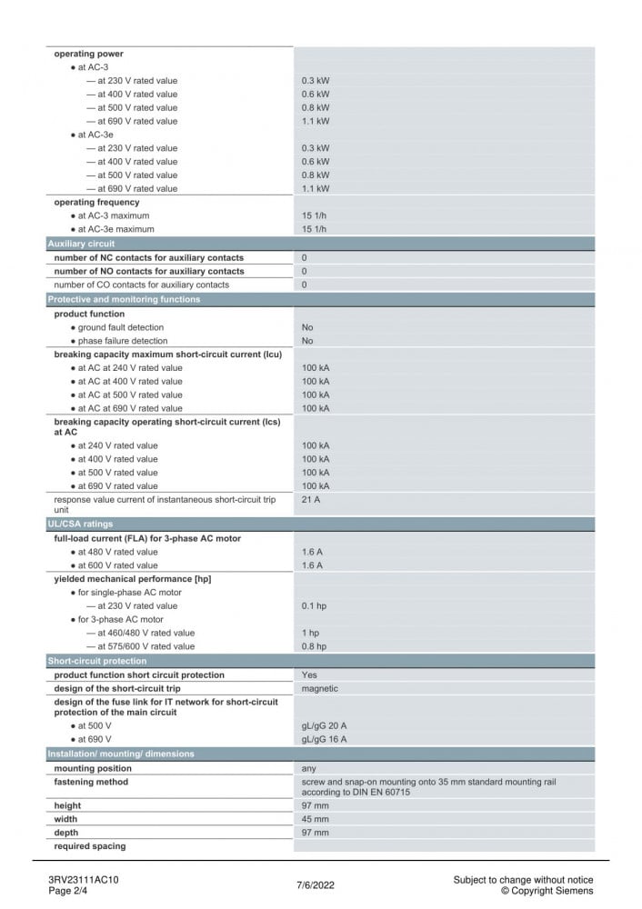 3RV23111AC10 datasheet page 2