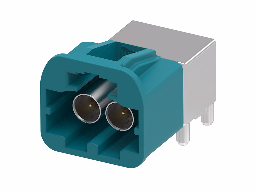 High-Speed FAKRA Mini (HFM) Dual Header, 1x2, Right-Angle, Through Hole, Key Z, Water Blue, 50 Ohms for sale