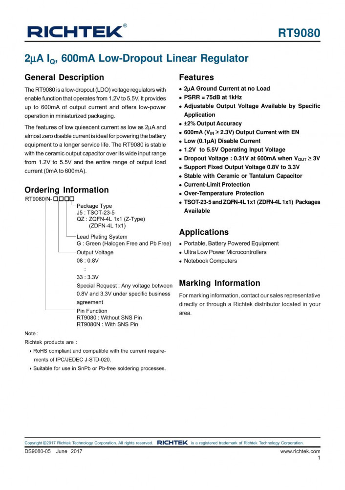 RT9080 datasheet page 1