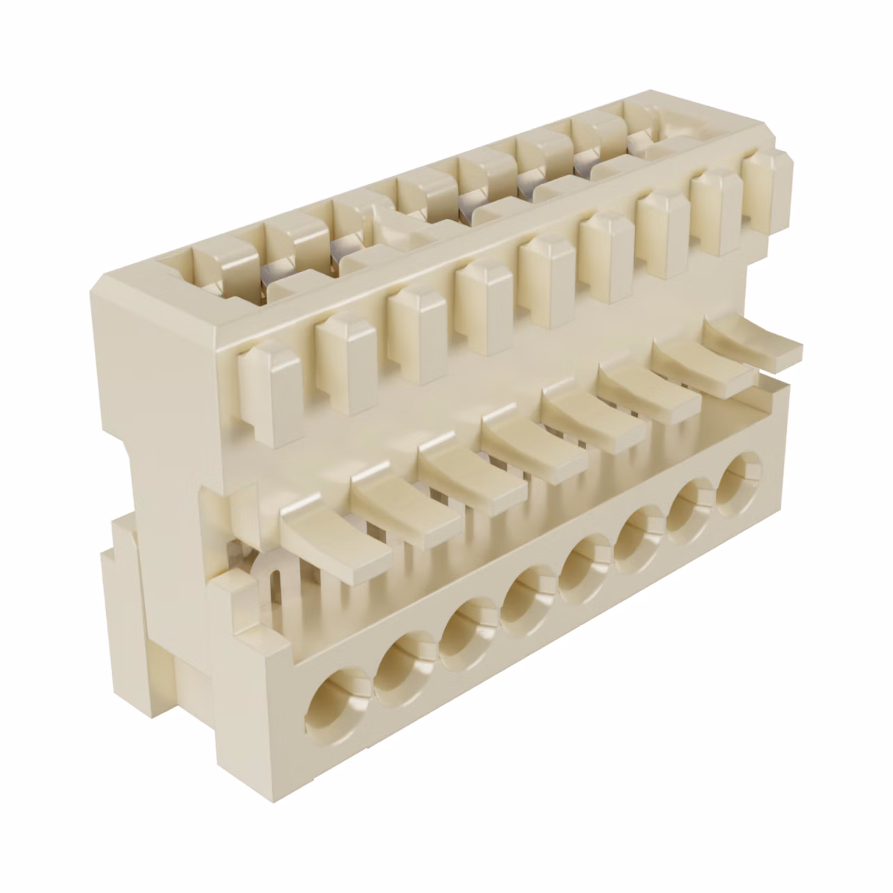 Appli-Mate RAST 2.5 Connector, 2.50mm Pitch, Female, 8 Circuits, Positions A and I Removed, Polarizing Rib Between 3/4, Locking Pips, Slotted Endwalls, Tin Plating