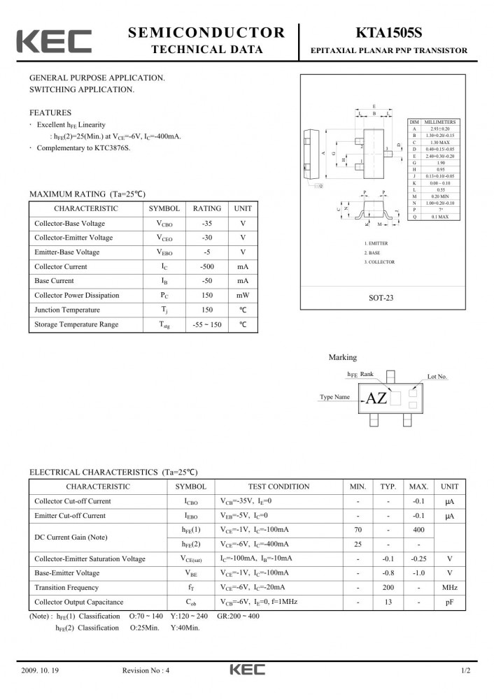 KTA1505S-Y-RTK/P datasheet page 1