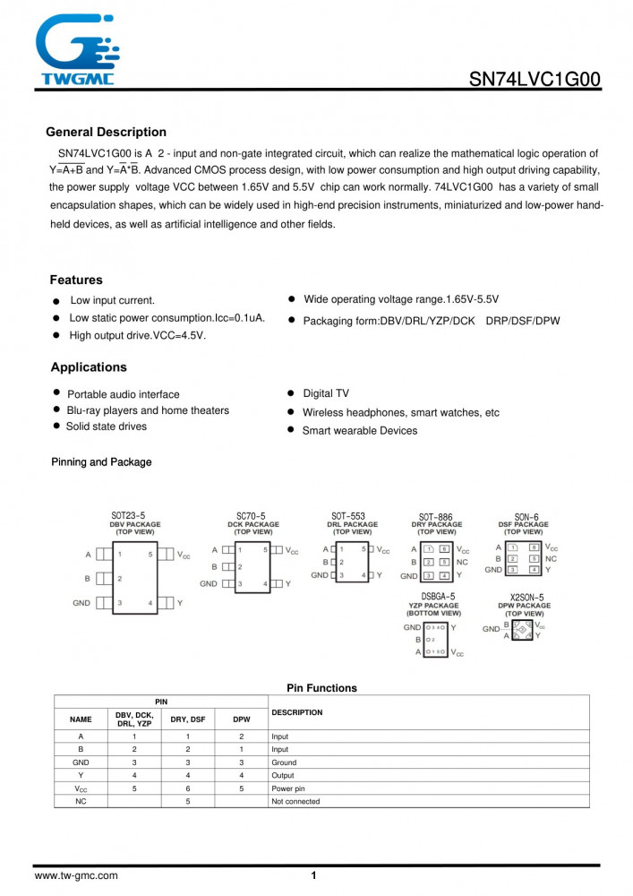 SN74LVC1G00DCKR technical document page 1