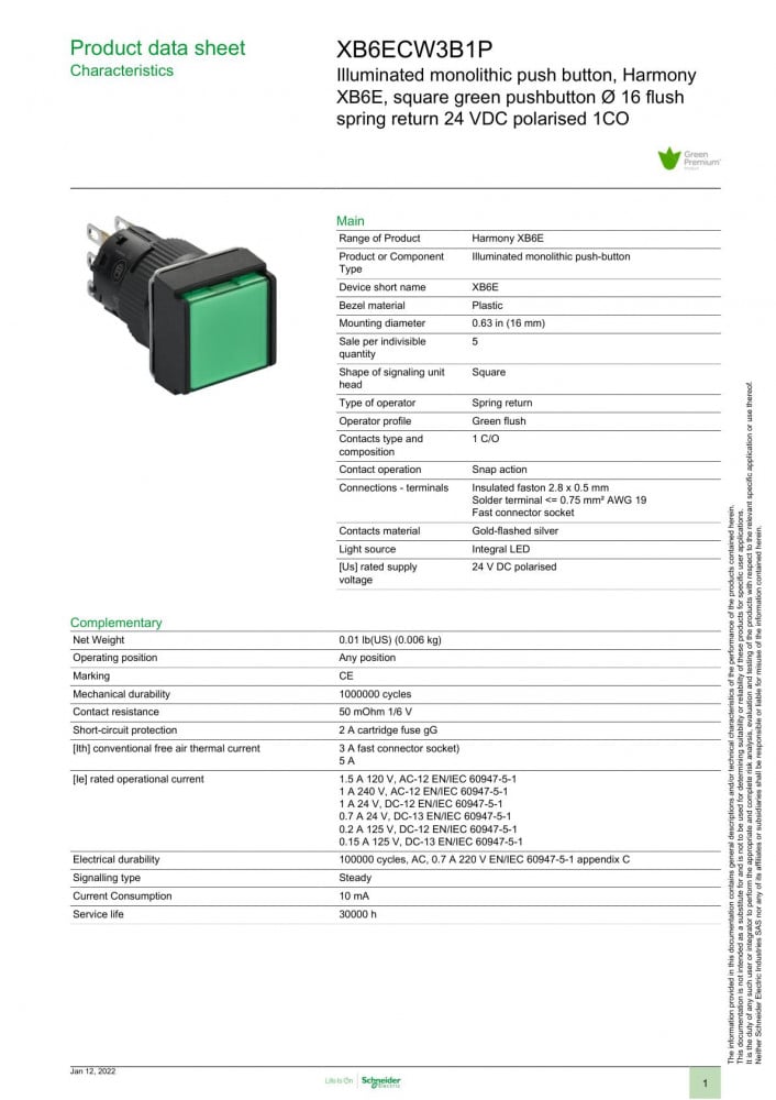 XB6ECW3B1P technical document page 1