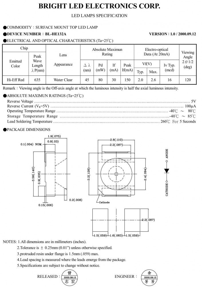 BL-HE132A product datasheet page 1