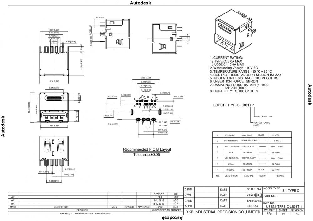USB3.1-TPYE-C-L B 01T-1 technical drawing