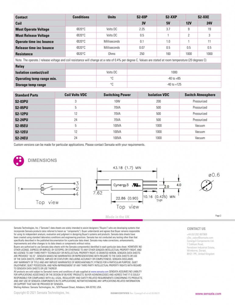 S2(UL) series reed relay technical document page 2
