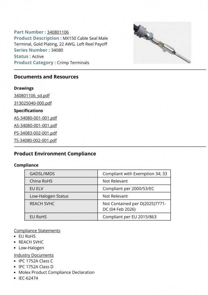 MOLEX 340801106 technical document image, page 1