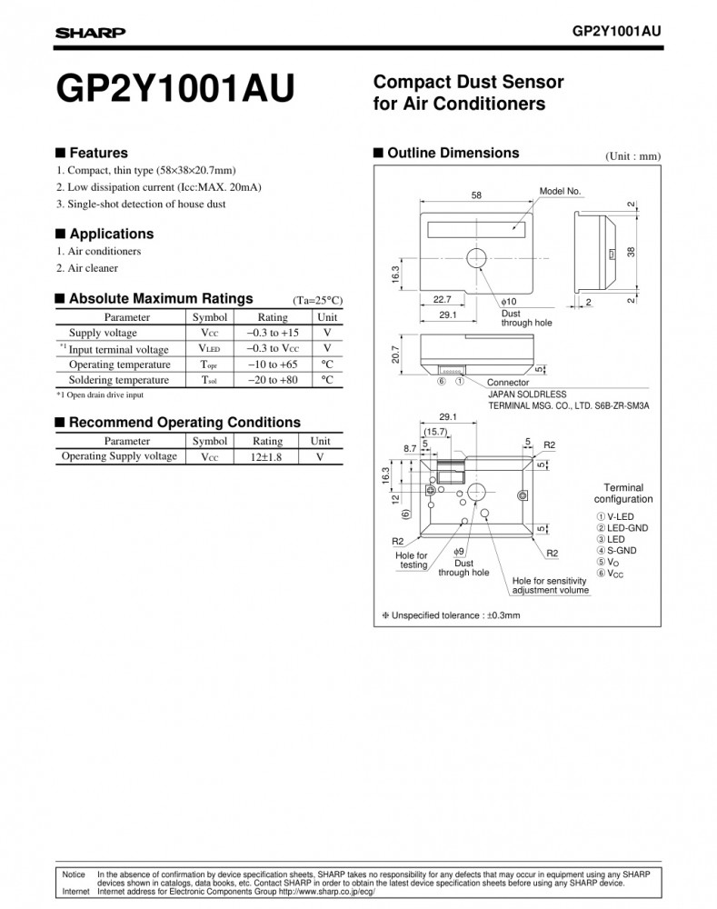 GP2Y1001AU technical document page 1
