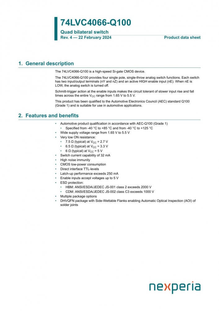 74LVC4066BQ-Q100X datasheet page 1