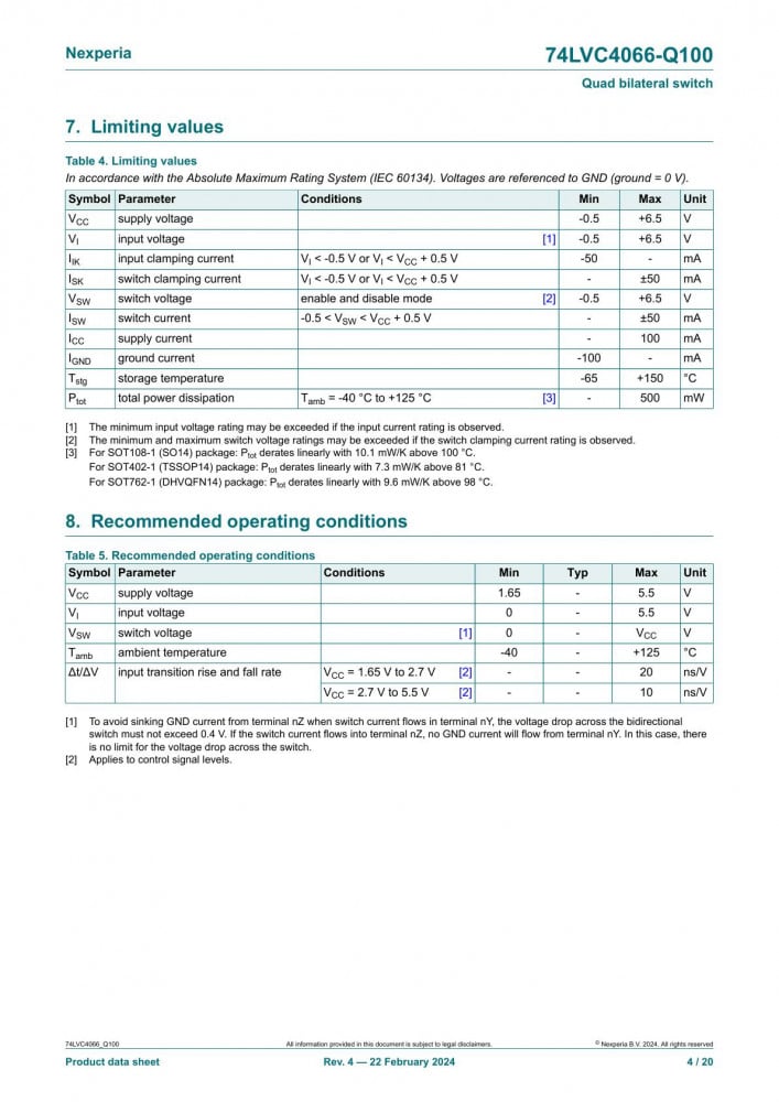 74LVC4066BQ-Q100X datasheet page 4