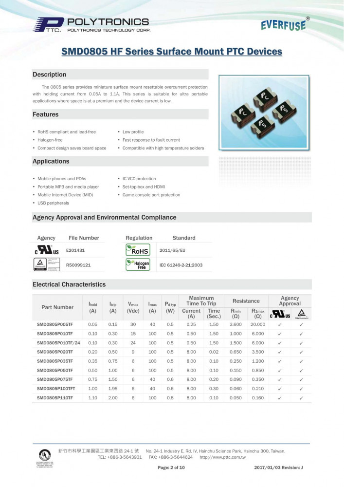 SMD0805P010TF datasheet page 2