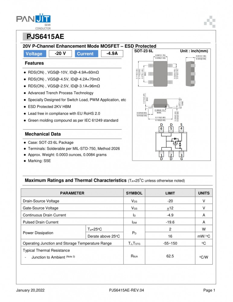 PJS6415AE datasheet page 1