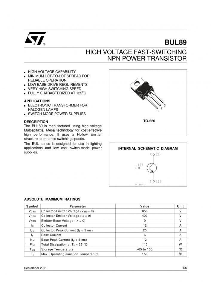 ST BUL89 datasheet page 1