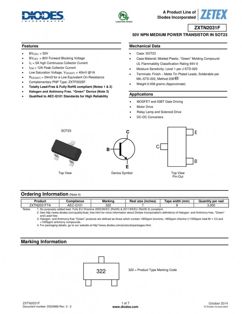 ZXTN2031FTA datasheet page 1