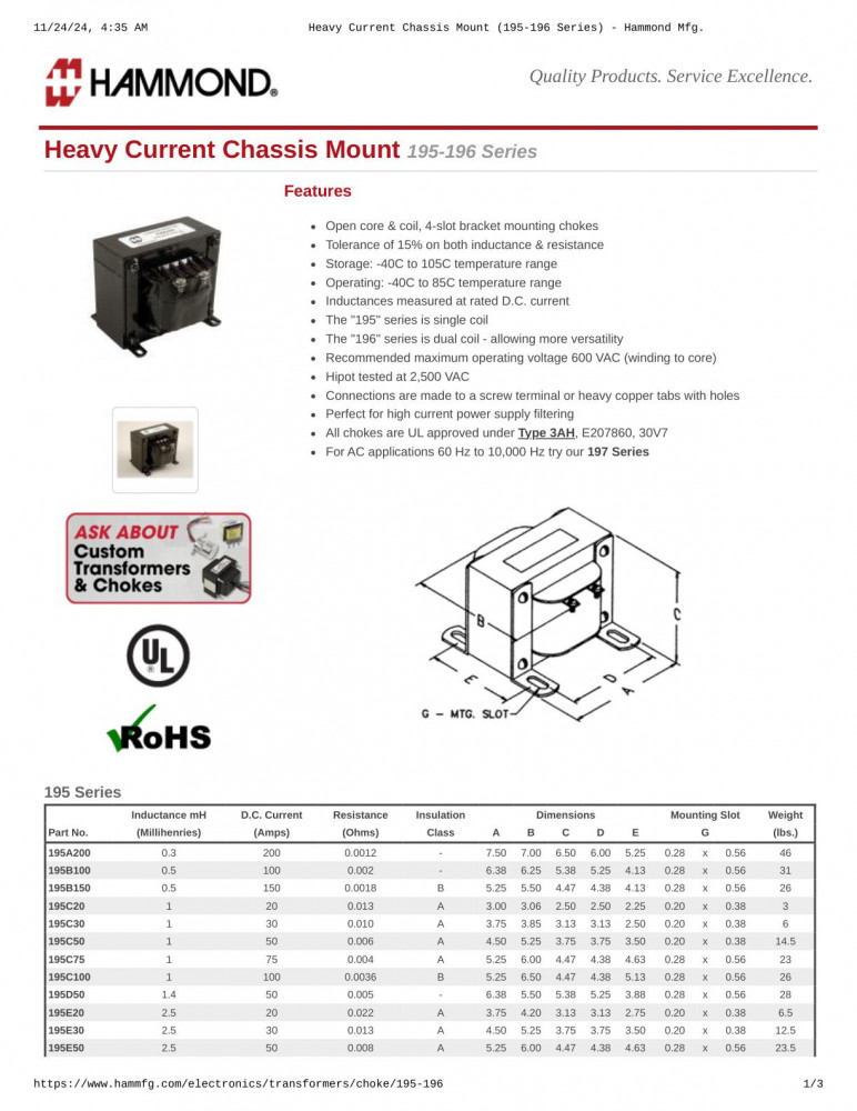 Hammond 195-196 series technical document page 1