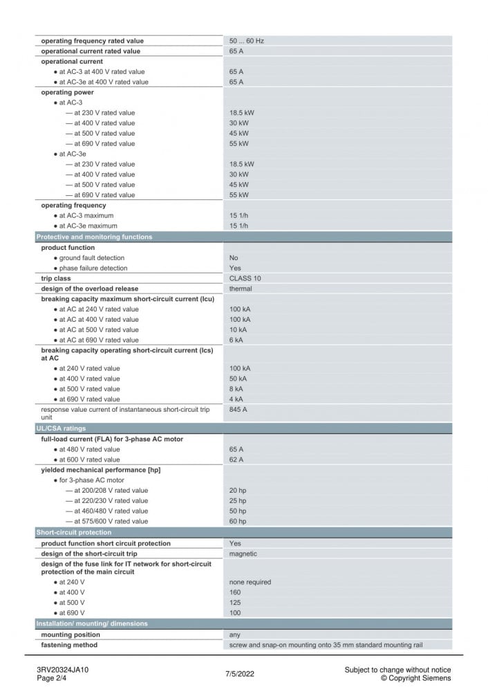 3RV20324JA10 technical document page 2