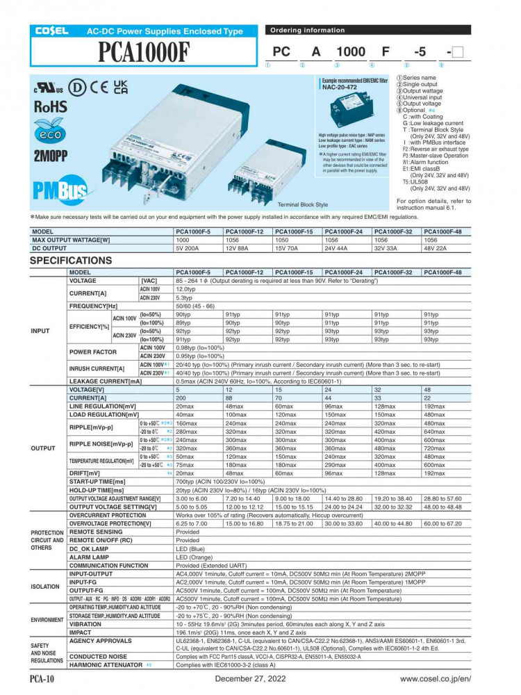 Cosel PCA1000F-5 datasheet page 10