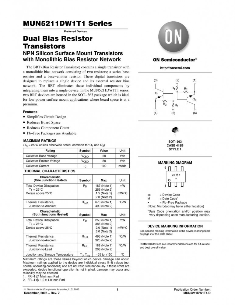 MUN5215DW1T1 datasheet page 1