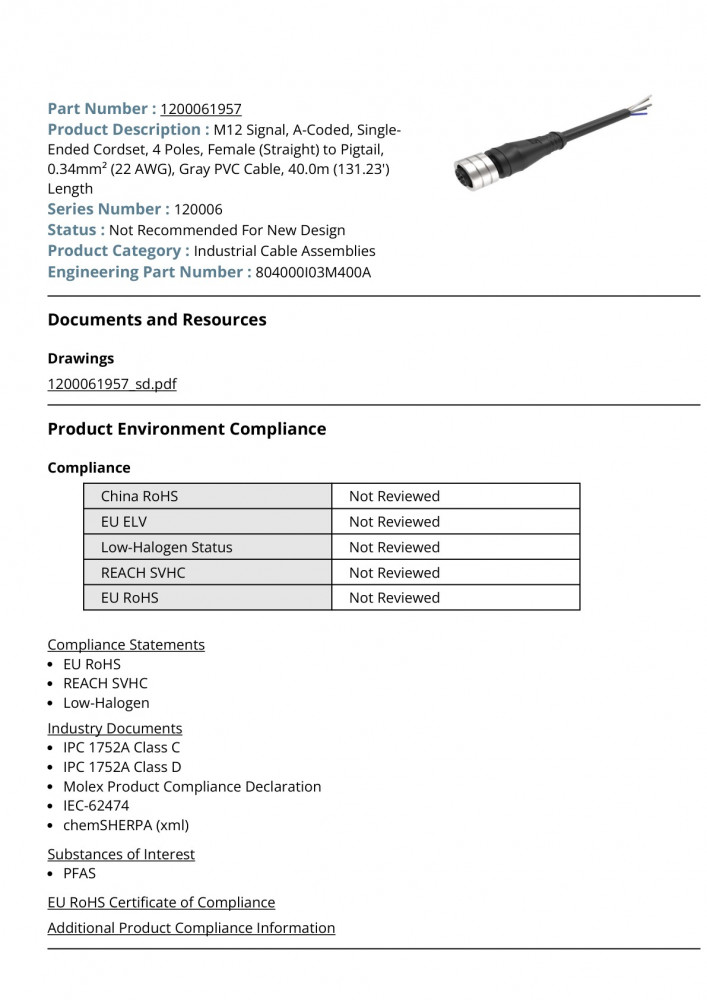 Product drawing page 1 for MOLEX 1200061957