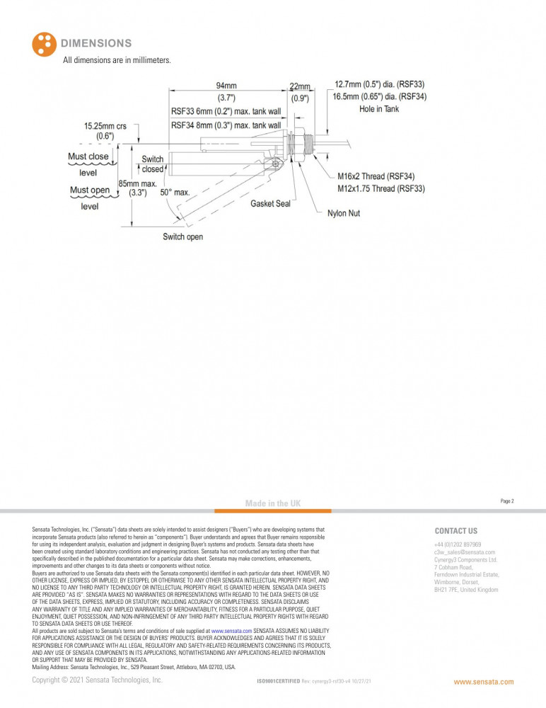 Sensata RSF30 series product documentation page 2