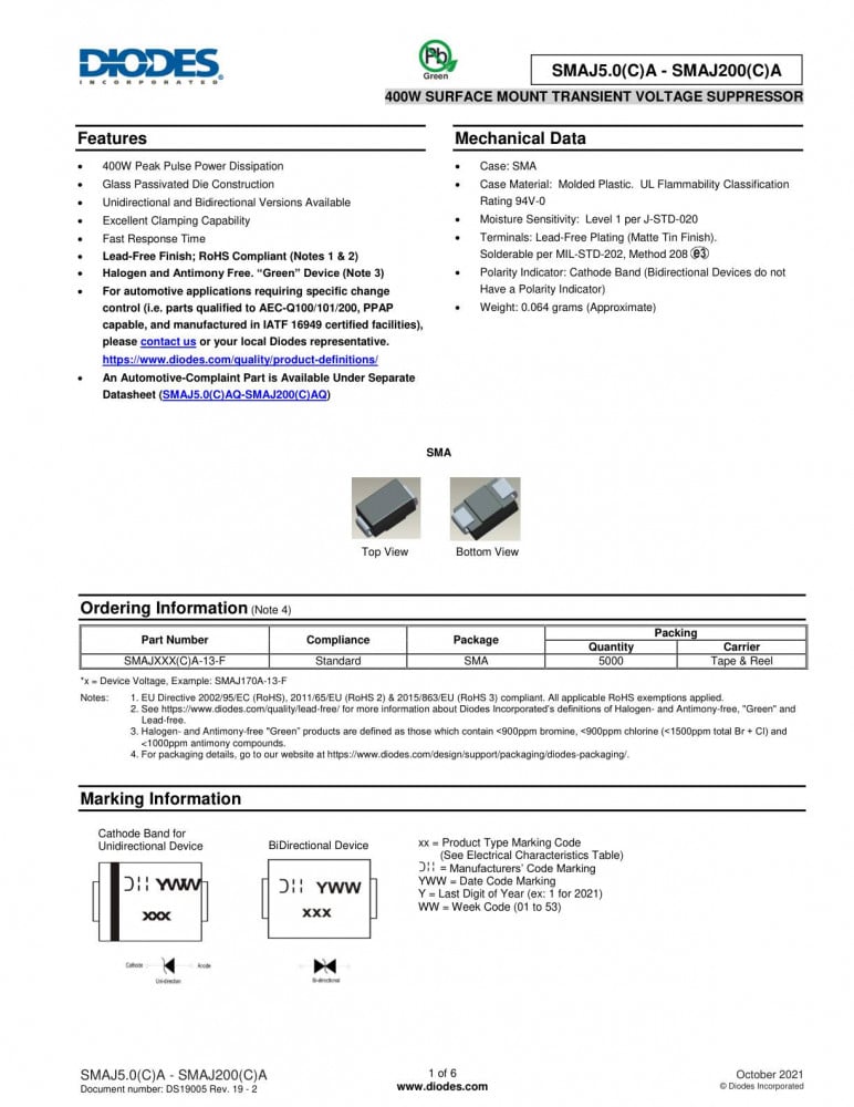 SMAJ5.0A-13-F datasheet page 1