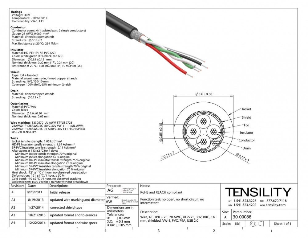 Tensility International 30-00088 cable specification drawing