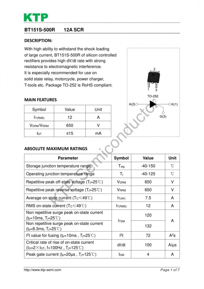 BT151S-500R datasheet page 1