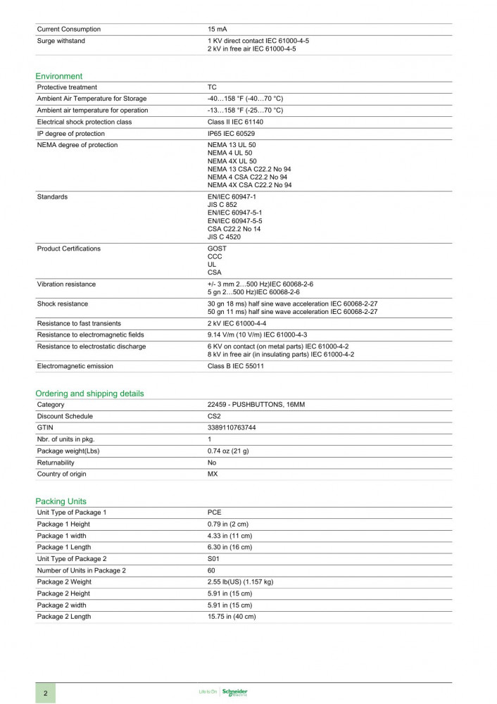 XB6CW1B5B technical document page 2
