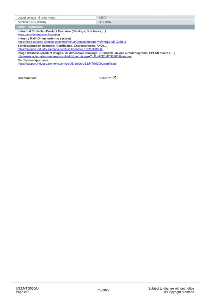 SIEMENS MTG0300J datasheet page 2