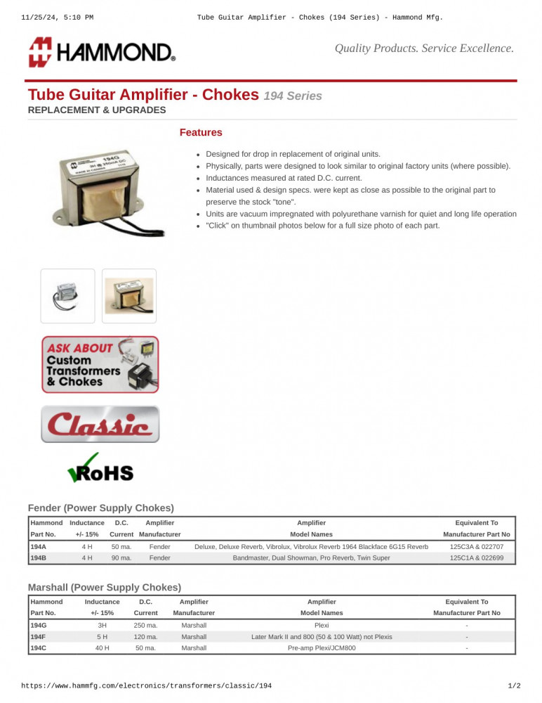 Hammond 194 Series technical document page 1
