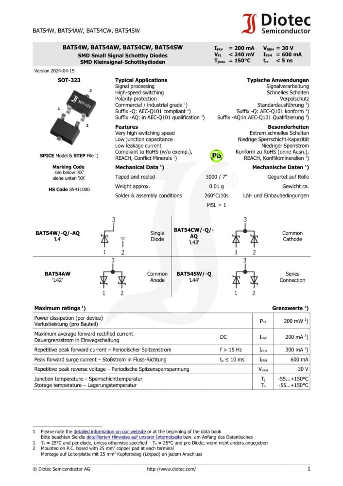 DIOTEC BAT54SW datasheet page 1