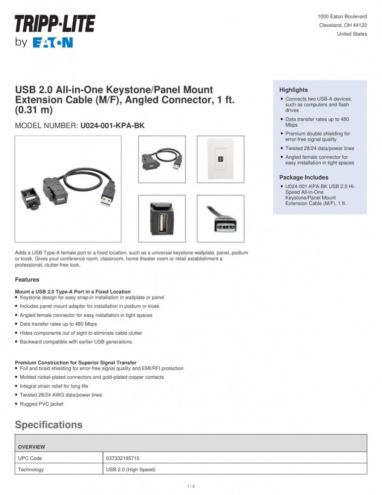 EATON U024-001-KPA-BK technical document page 1