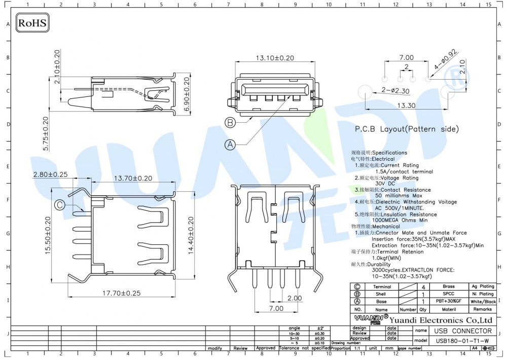 YUANDI USB180-01-T1-W technical drawing