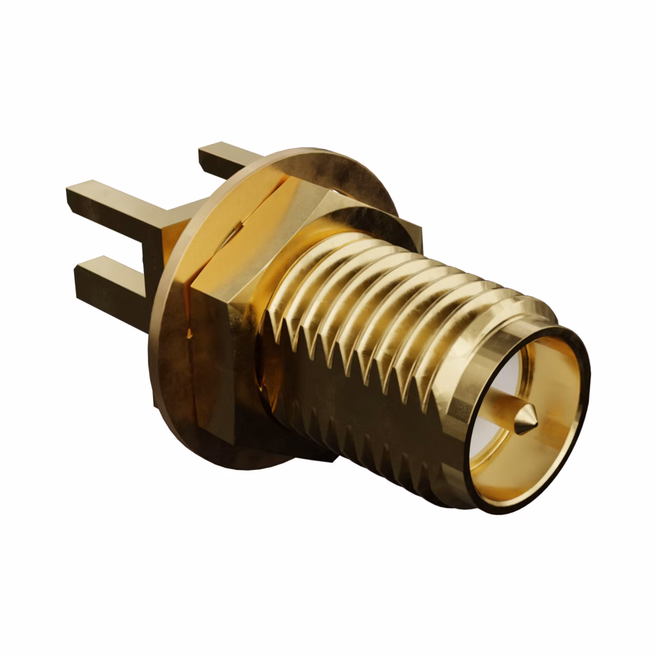 SMA Jack, Reverse Polarity, Straight, Bulkhead Receptacle, PCB, Edge Mount, Brass Body, Gold (Au) Plated, Nut and Lockwasher Included, Tray, 50 Ohms for sale