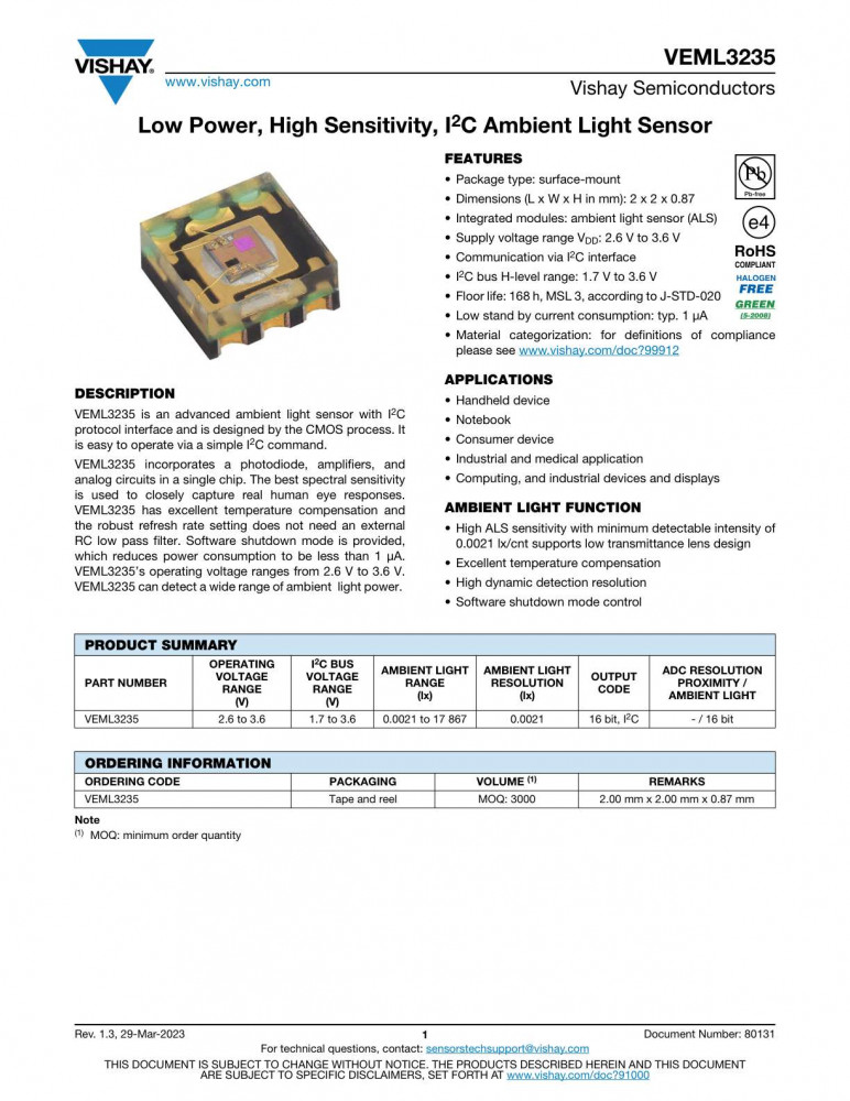 VEML3235 datasheet page 1