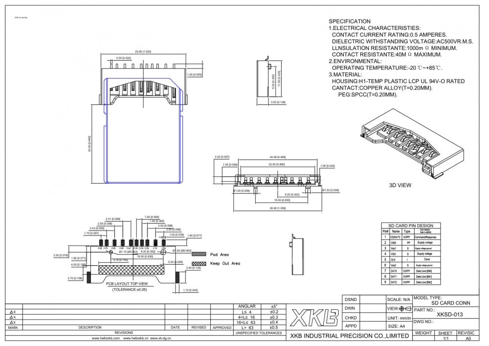 XKSD-013 SD card connector specification drawing