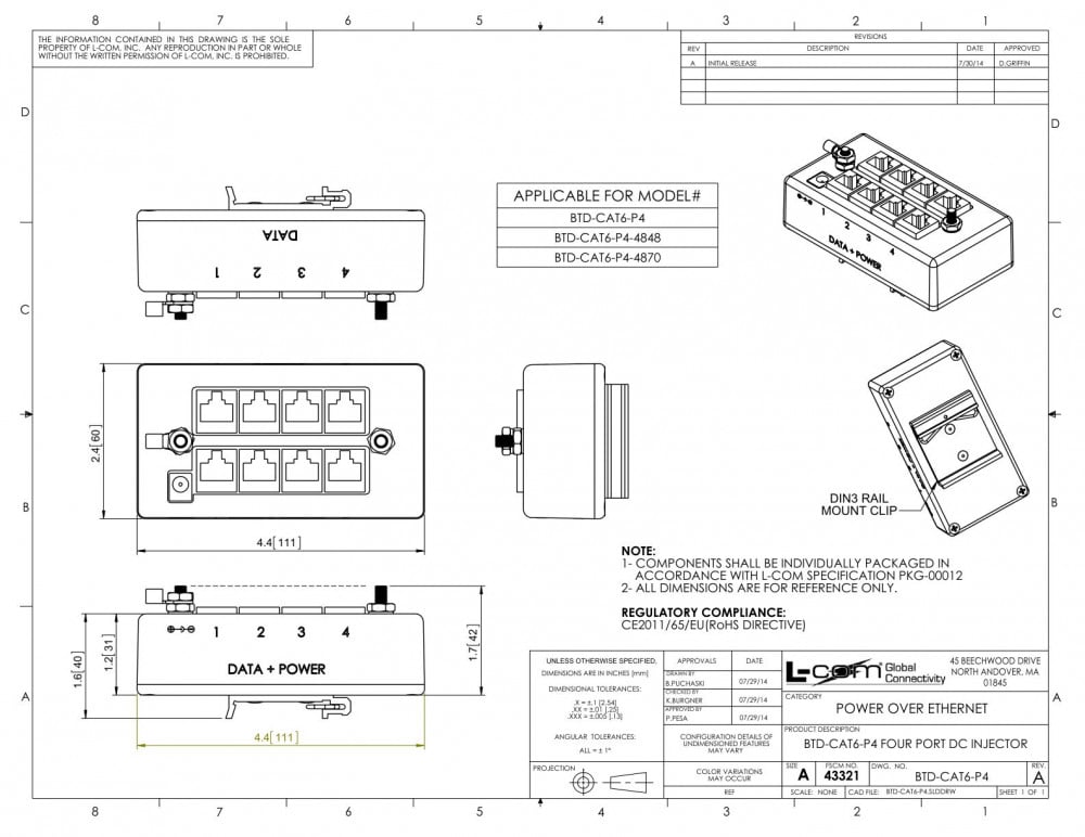 L-com BTD-CAT6-P4 technical drawing