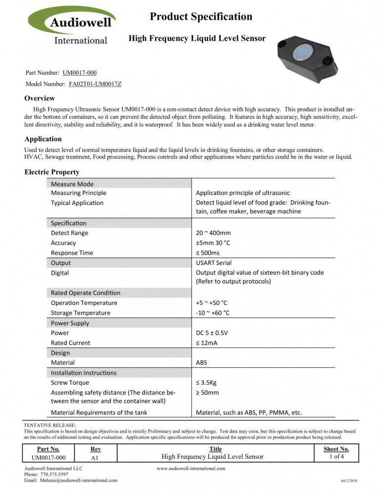 Audiowell UM0017-000 datasheet page 1