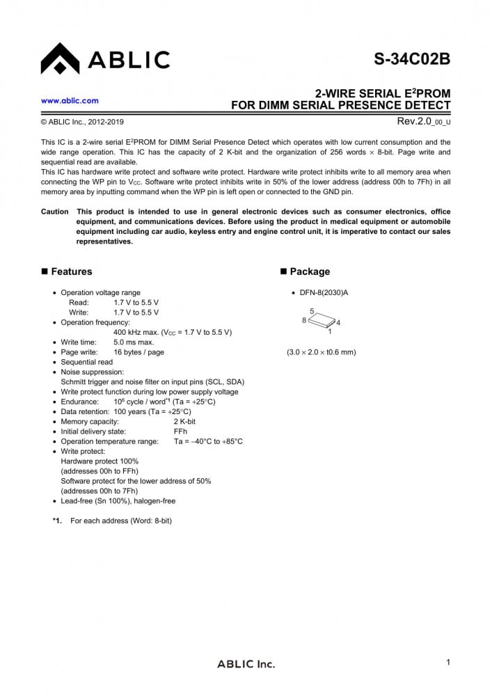 ABLIC S-34C02BI-A8T1U5 datasheet page 1