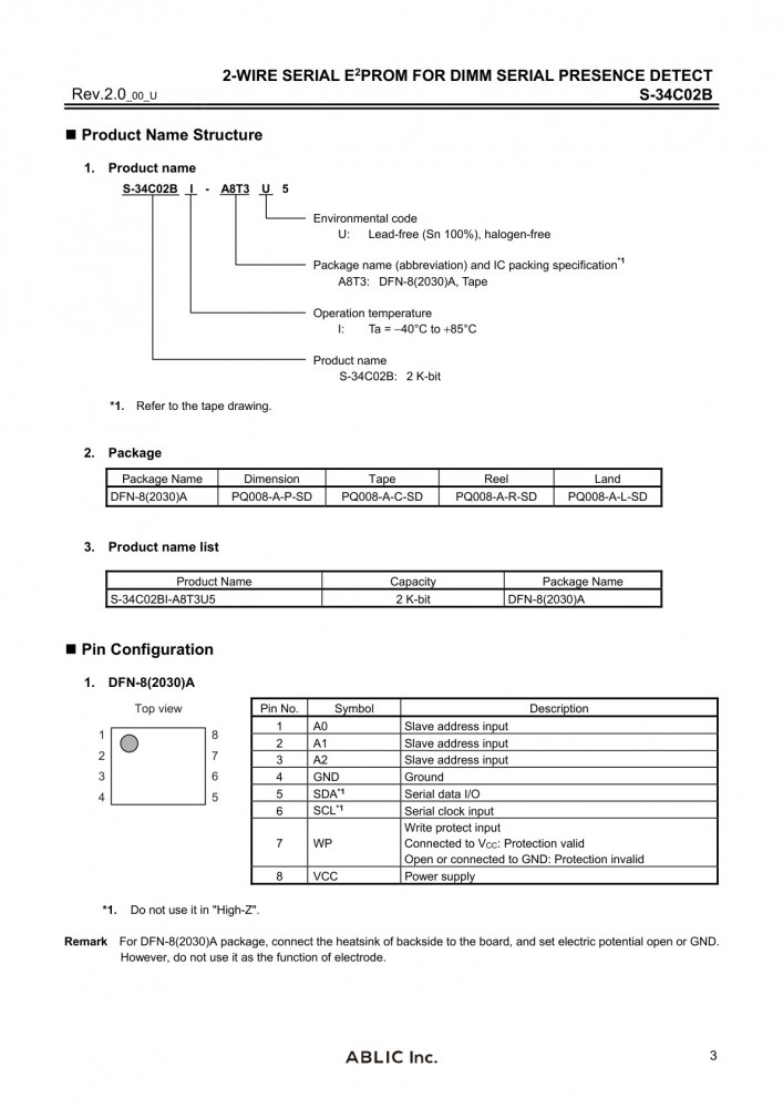 ABLIC S-34C02BI-A8T1U5 datasheet page 3
