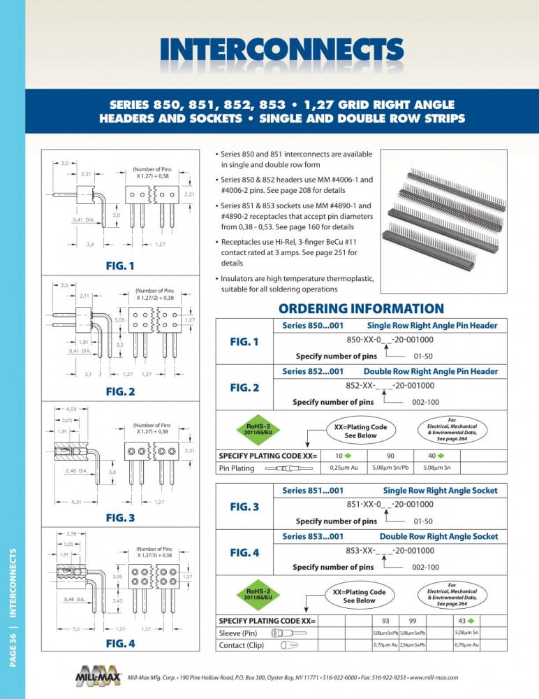 Mill-Max Series 850, 851, 852, 853 1.27 mm grid right-angle headers and sockets documentation