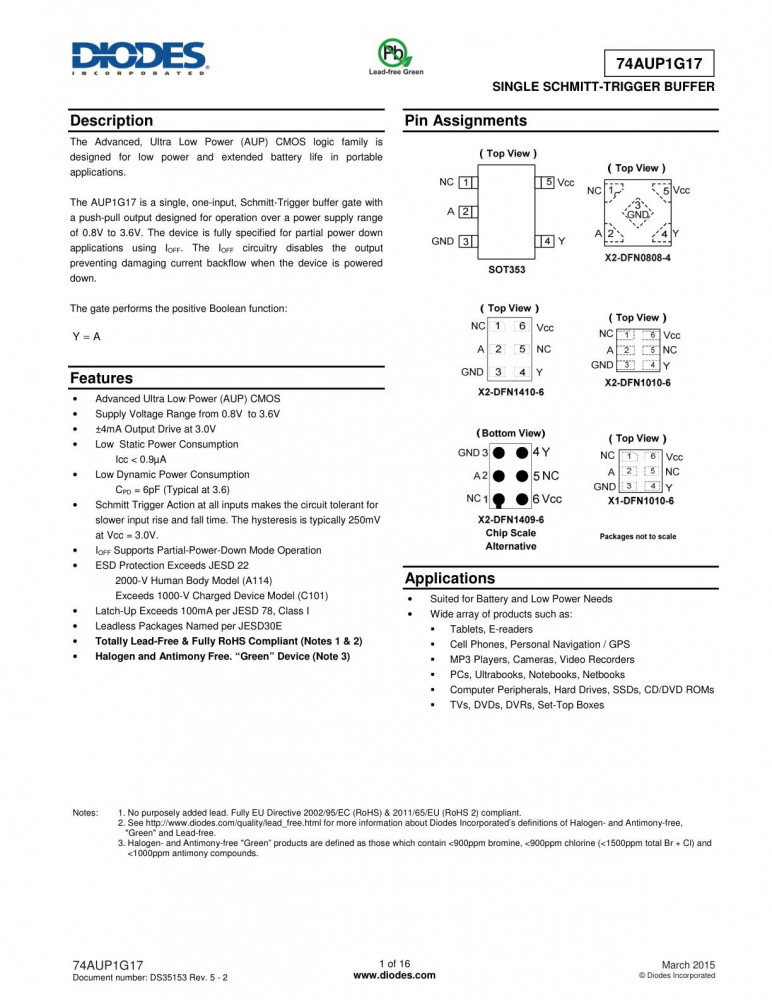 74AUP1G17SE-7 datasheet page 1