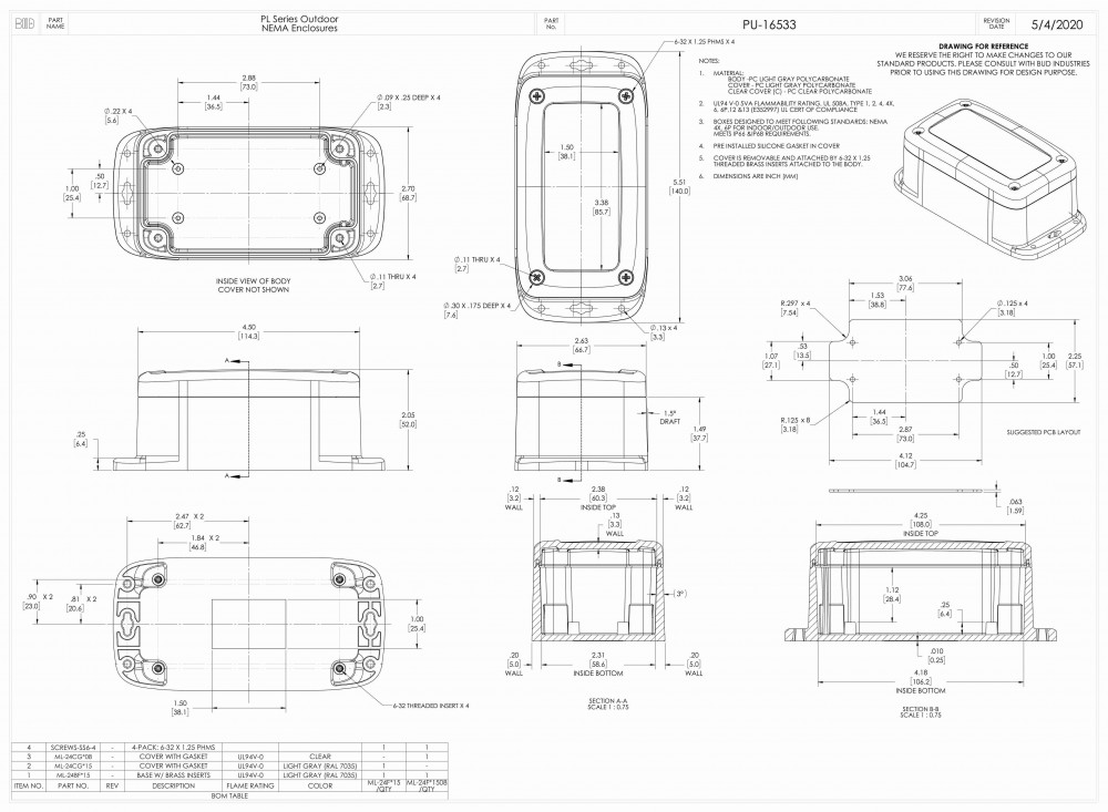 PU-16533 product drawing and enclosure documentation page