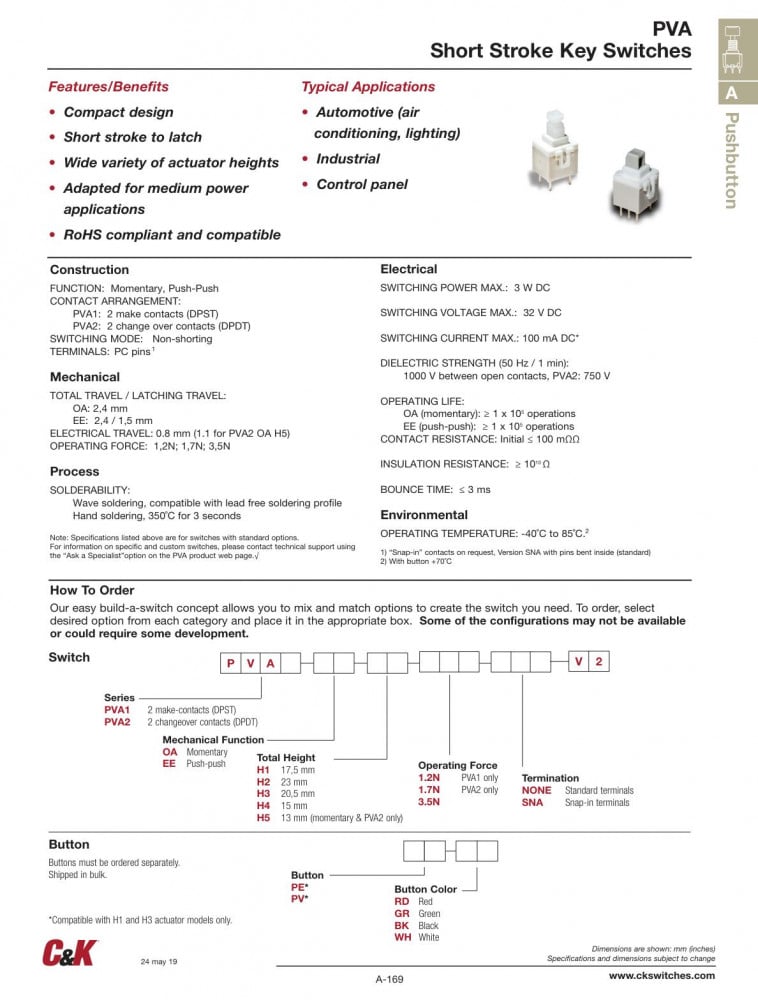 C&K PVA series technical document page 1